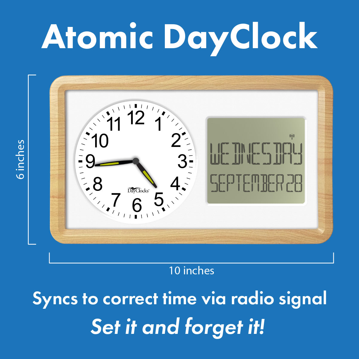 Atomic DayClock 10" Display with Woodgrain Accent Frame – DayClocks